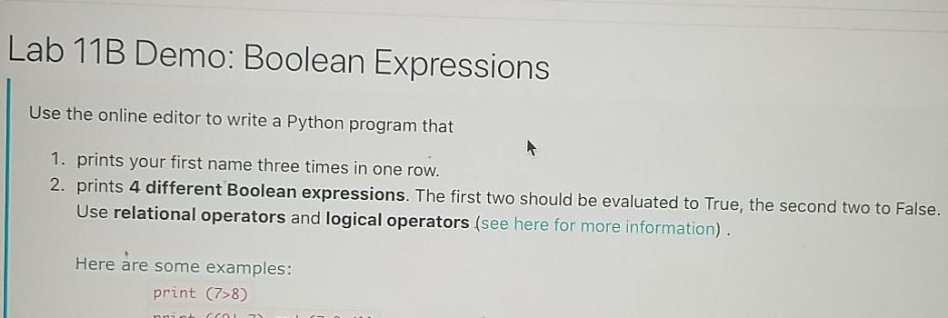 Solved Lab 11B Demo: Boolean Expressions Use the online | Chegg.com