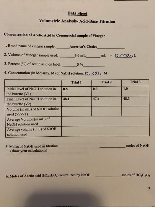 Solved Data Sheet Volumetric Analysis- Acid-Base Titration | Chegg.com