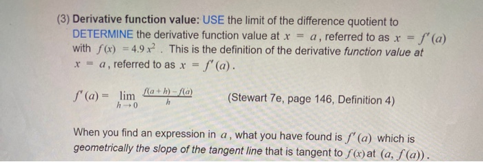 Solved (3) Derivative function value: USE the limit of the | Chegg.com