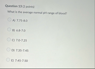 Solved Question 13 (2 ﻿points)What is the average normal pH | Chegg.com