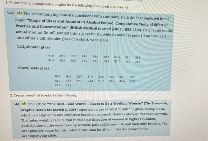 Solved 1. Please create a comparative boxplot for the | Chegg.com