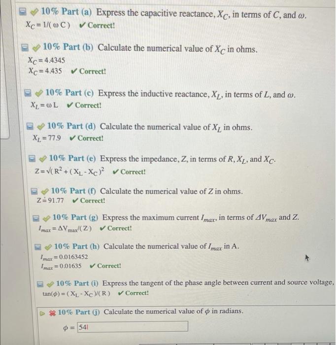 Solved 10% Part (a) Express the capacitive reactance, Xc, in | Chegg.com