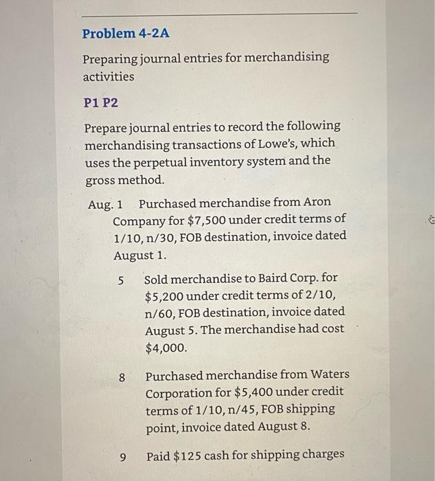 Solved Problem 4-2A Preparing journal entries for | Chegg.com