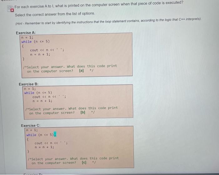 Solved For each exercise A to I, what is printed on the | Chegg.com