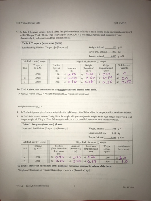 Solved KET Virtual Physics Labs KET 2019 3. In Trial 1 the | Chegg.com