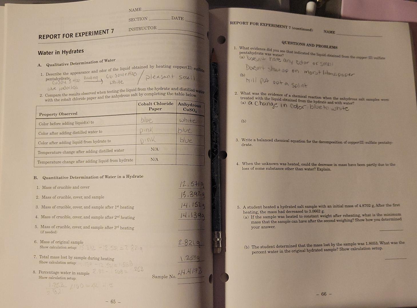 Solved NAME SECTION DATE REPORT FOR EXPERIMENT 7 (continued) | Chegg.com