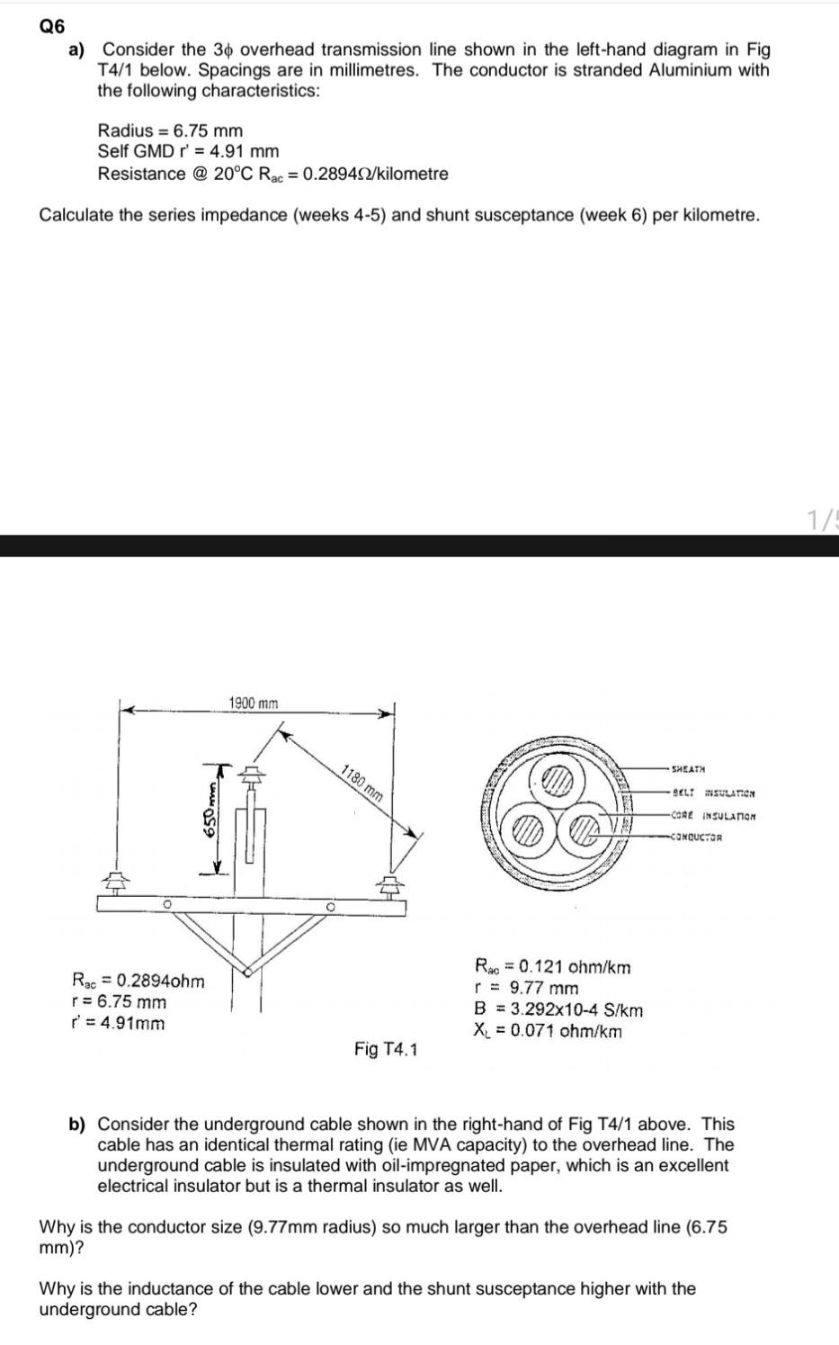 Q6 a) Consider the 3ϕ overhead transmission line | Chegg.com
