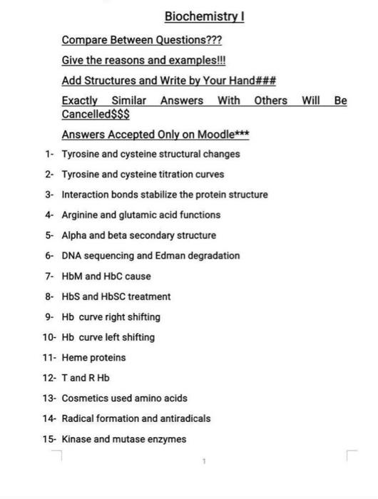Solved Biochemistry I Compare Between Questions??? Give the | Chegg.com