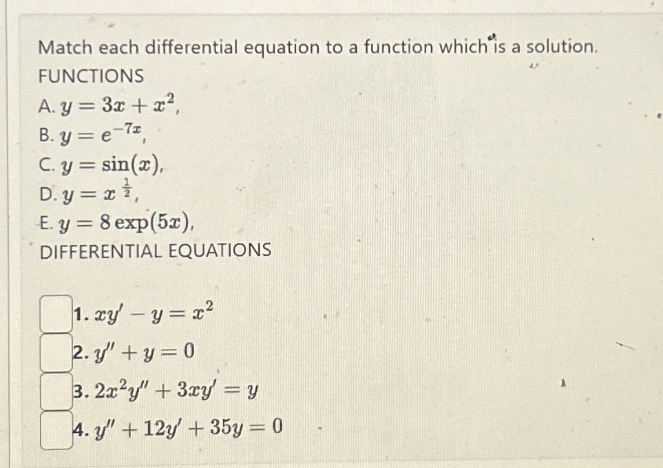 Solved Match each differential equation to a function which | Chegg.com