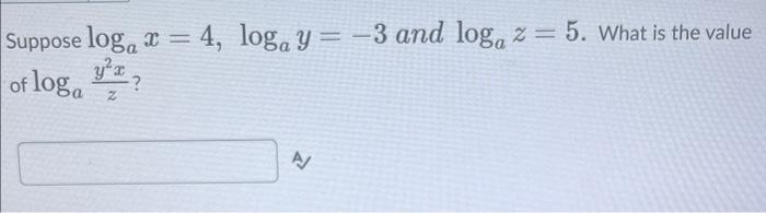Solved Suppose logax=4,logay=−3 and logaz=5. What is the | Chegg.com