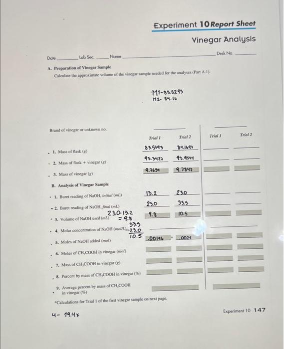 Solved Experiment 10 Report Sheet Vinegar Analysis Dekk No | Chegg.com
