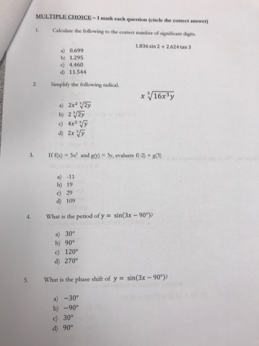 Solved MULTIPLE CHOICE-I mark each question (circle the | Chegg.com
