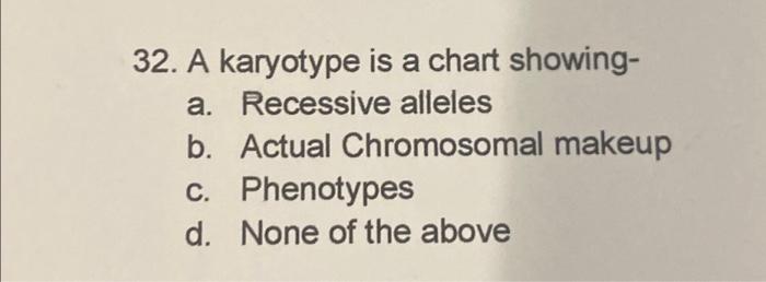 Solved 32. A karyotype is a chart showing- a. Recessive | Chegg.com
