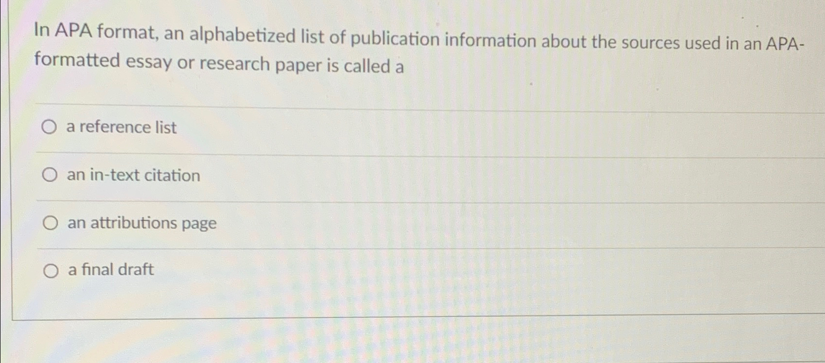 Solved In APA format, an alphabetized list of publication | Chegg.com