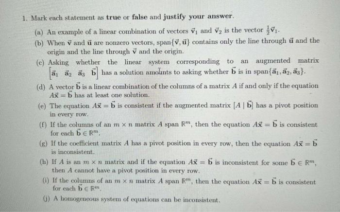 Solved 1. Mark each statement as true or false and justify | Chegg.com