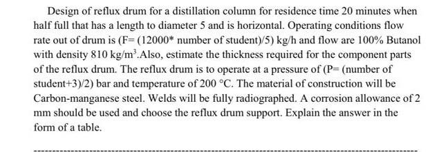 Design of reflux drum for a distillation column for | Chegg.com
