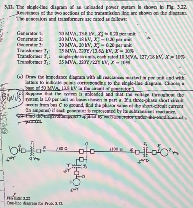 Solved 3,12. The single-line diagram of an unloaded power | Chegg.com