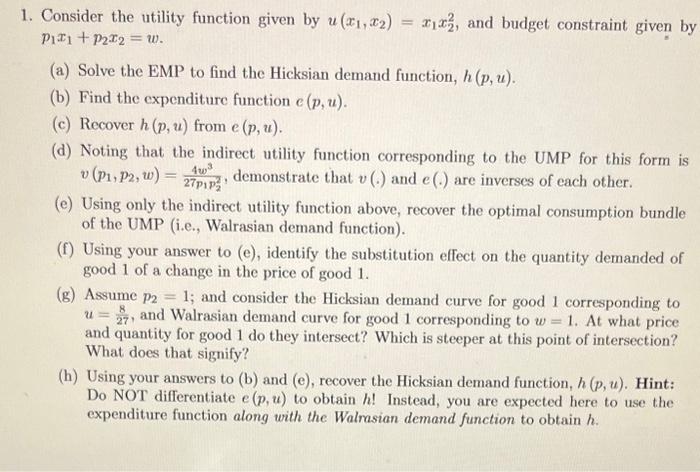 Solved Consider the utility function given by | Chegg.com