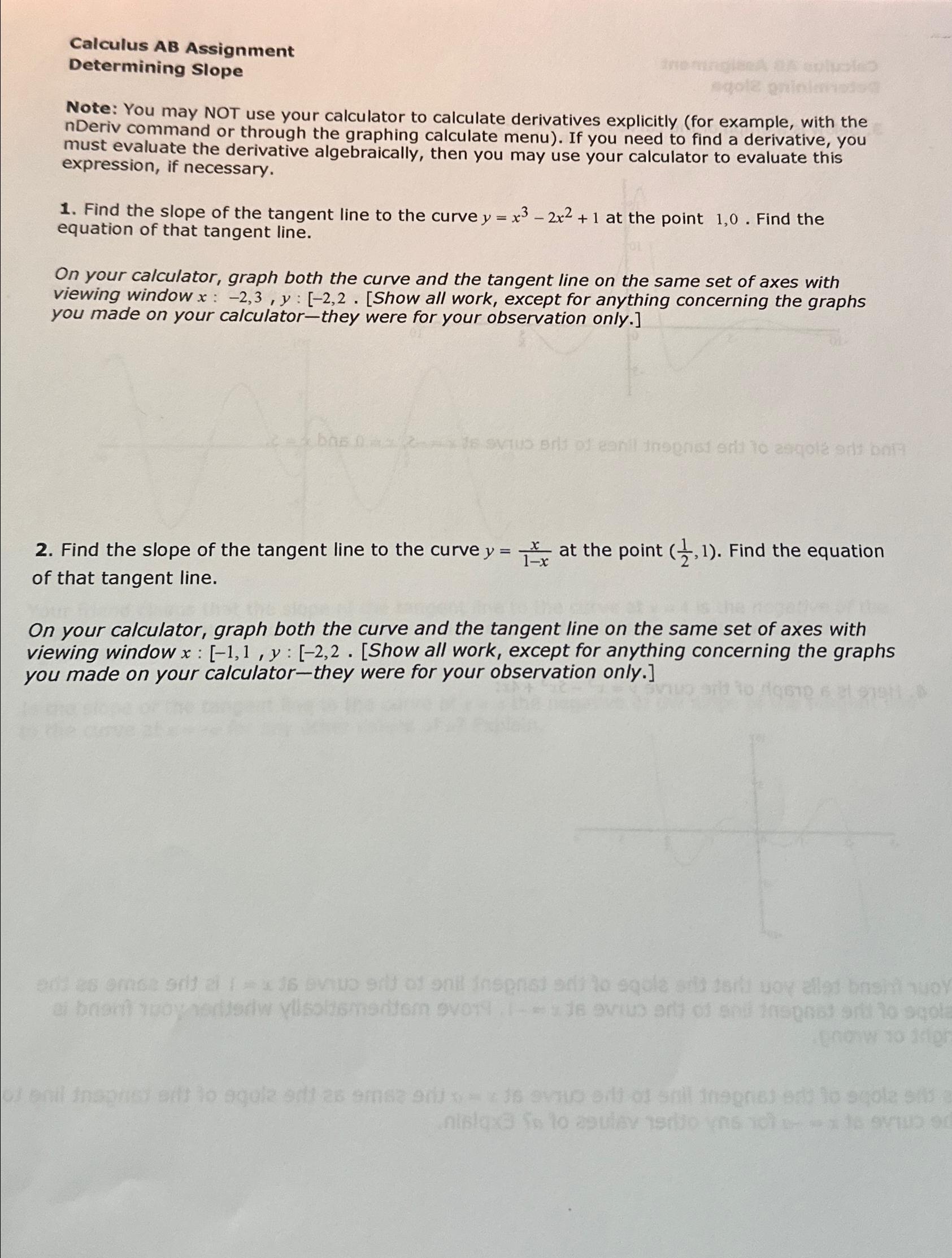 Solved Calculus AB AssignmentDetermining SlopeNote: You may | Chegg.com
