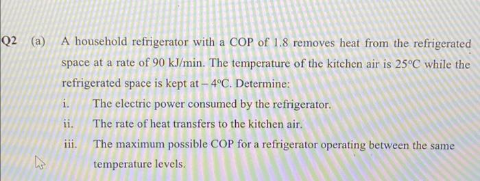 Solved Q2 (a) A household refrigerator with a COP of 1.8 | Chegg.com