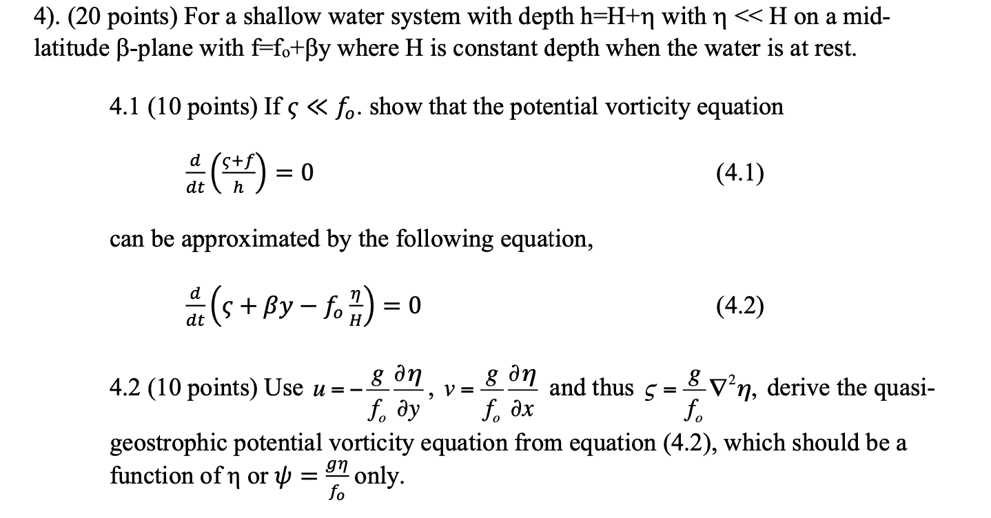 Solved . (20 ﻿points) ﻿For a shallow water system with depth | Chegg.com
