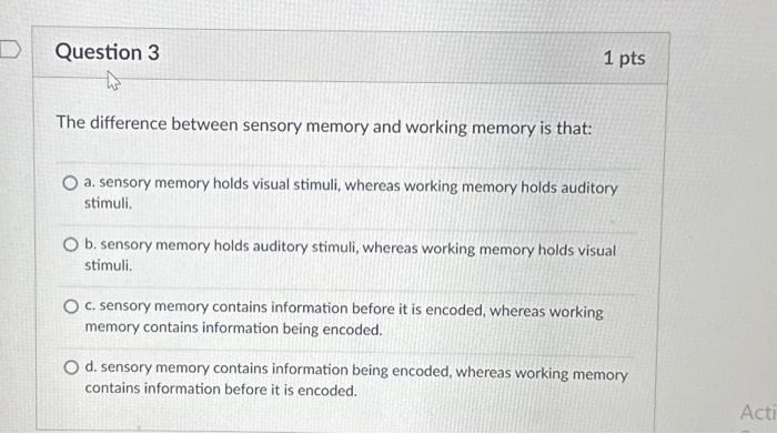 Solved The difference between sensory memory and working | Chegg.com
