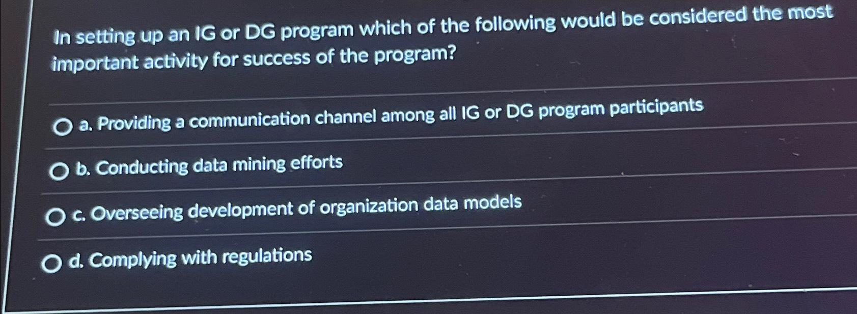 Solved In setting up an IG or DG program which of the | Chegg.com