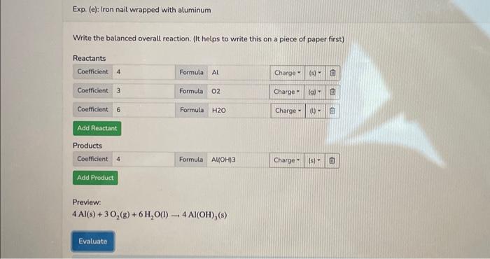 Exp. (e): Iron nail wrapped with aluminum Write the | Chegg.com