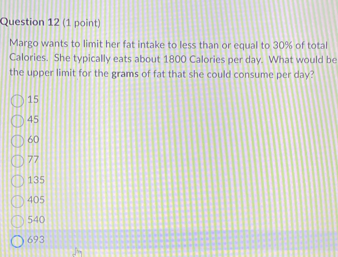 Solved Question 12 (1 ﻿point)Margo wants to limit her fat | Chegg.com