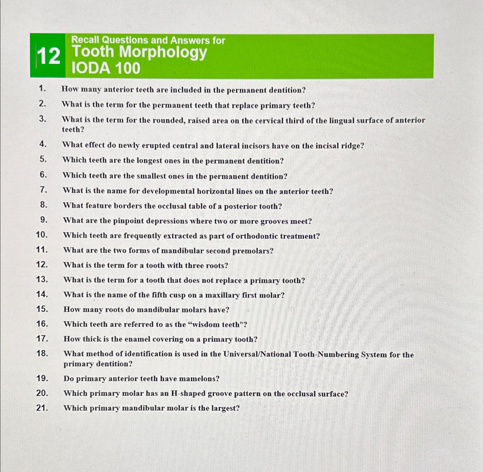 Solved 12Recall Questions and Answers forTooth Morphology | Chegg.com