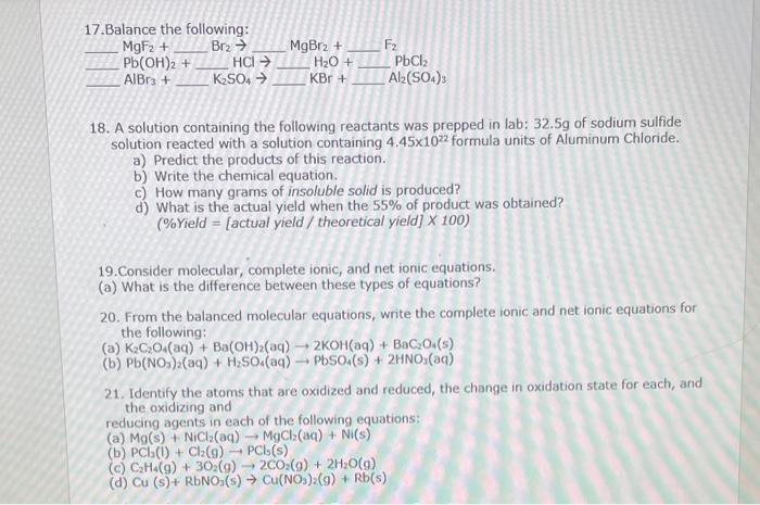 Solved 17. Balance the following: 18. A solution containing | Chegg.com