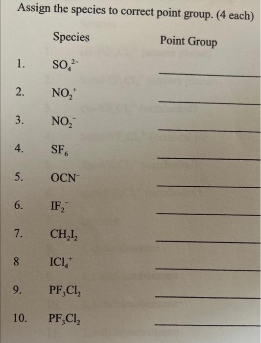 Solved Assign the species to correct point group. (4 each) | Chegg.com