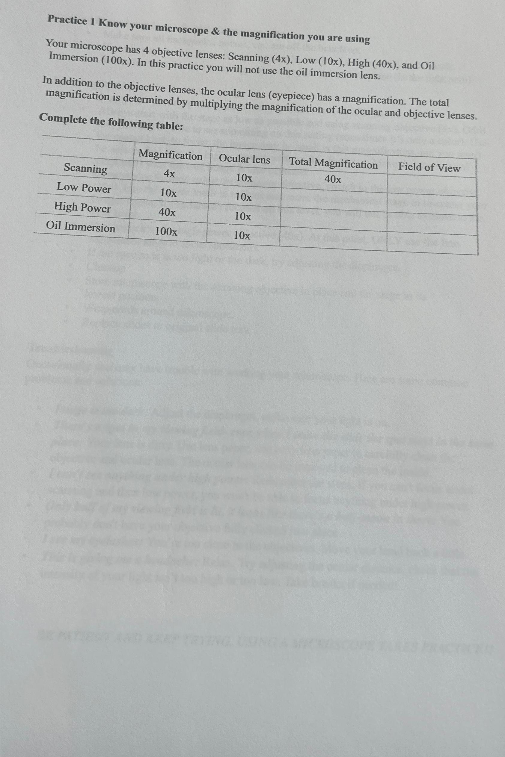 Solved Practice 1 ﻿Know your microscope & the magnification | Chegg.com