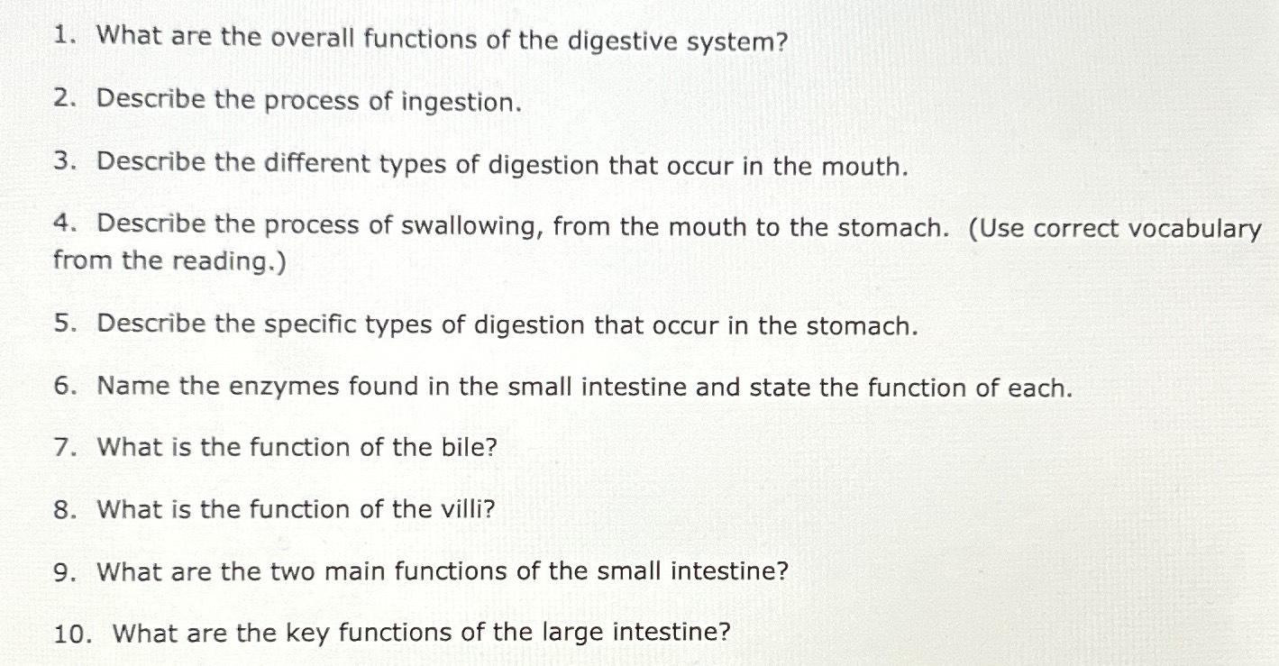 Solved What are the overall functions of the digestive | Chegg.com