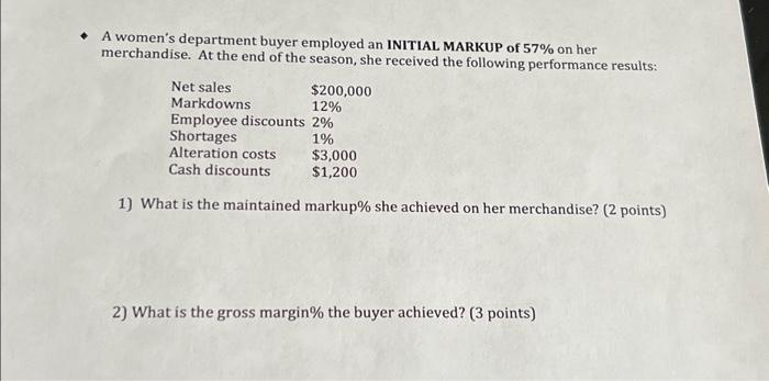 Solved A women's department buyer employed an INITIAL MARKUP | Chegg.com