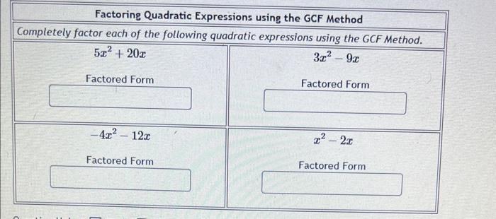 Solved Factoring Quadratic Expressions using the GCF Method | Chegg.com