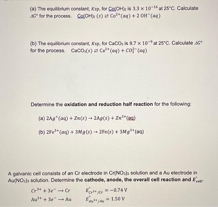 Solved (a) The equilibrium constant, Ksp, for Co(OH)2 is | Chegg.com