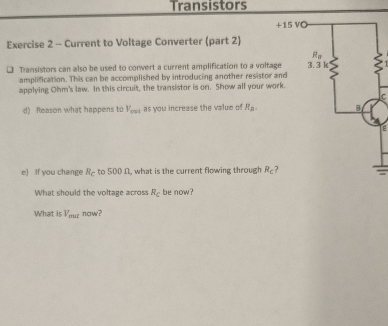 Transistors+15VcExercise 2 - ﻿Current to Voltage | Chegg.com