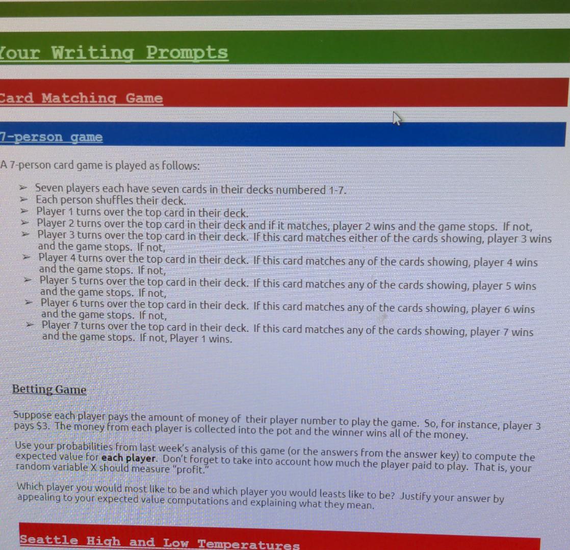 Solved (our Writing Prompts Card Matching Game 7-person game | Chegg.com