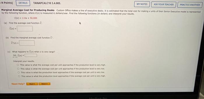 Solved -14 Points) DETAILS TANAPCALC10 3.4.00 MY NOTES ASK | Chegg.com Solved -14 Points) DETAILS TANAPCALC10 3.4.00 MY NOTES ASK | Chegg.com