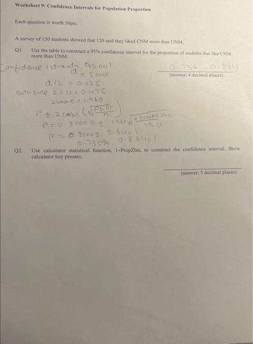 Solved Worksheet 9: Confidence Intervals for Population | Chegg.com