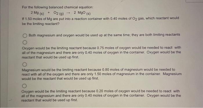 Solved For the following balanced chemical equation: 2 MgO | Chegg.com