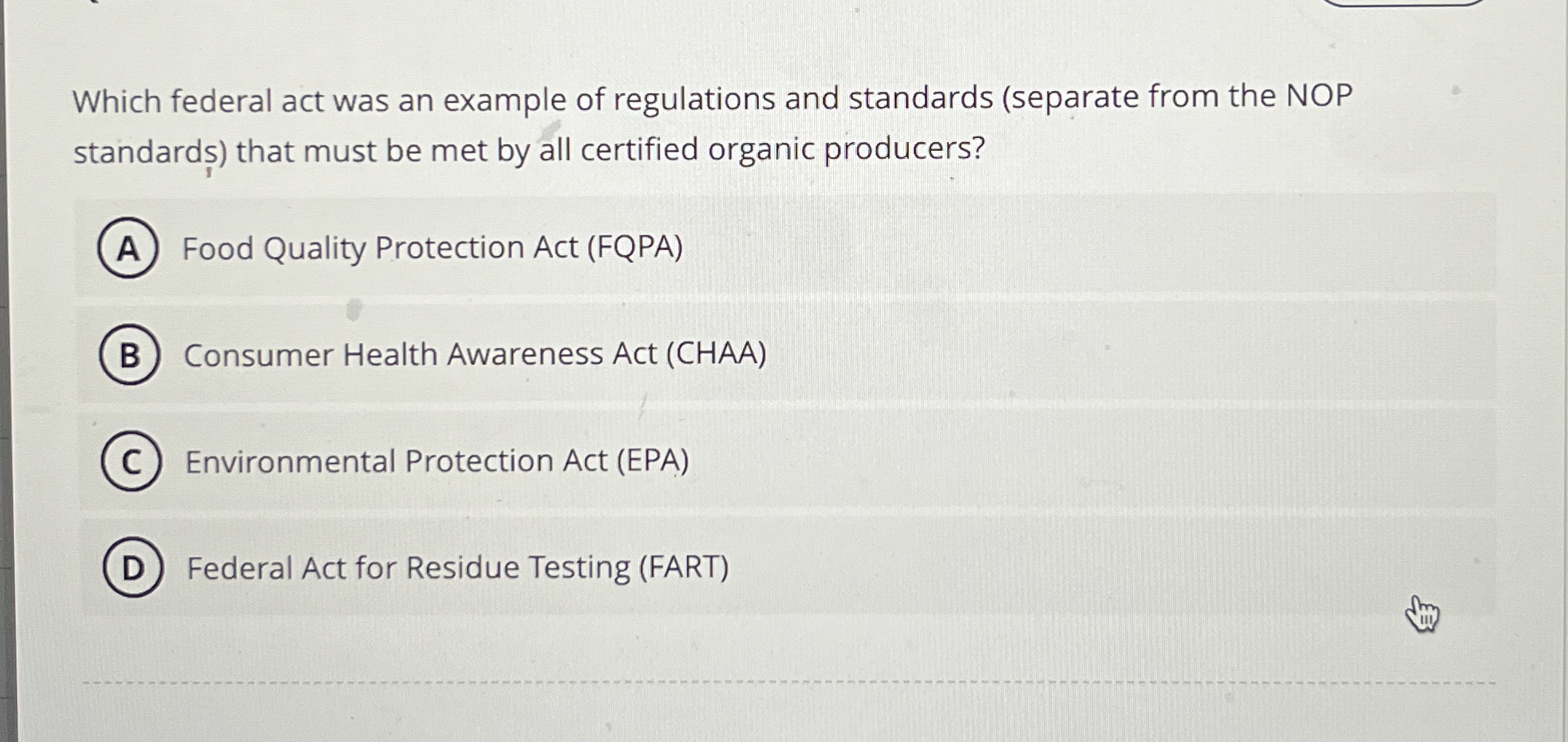 Solved Which federal act was an example of regulations and | Chegg.com