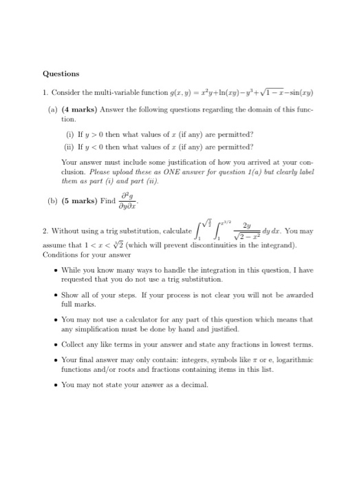 Solved Questions 1 Consider The Multi Variable Function 