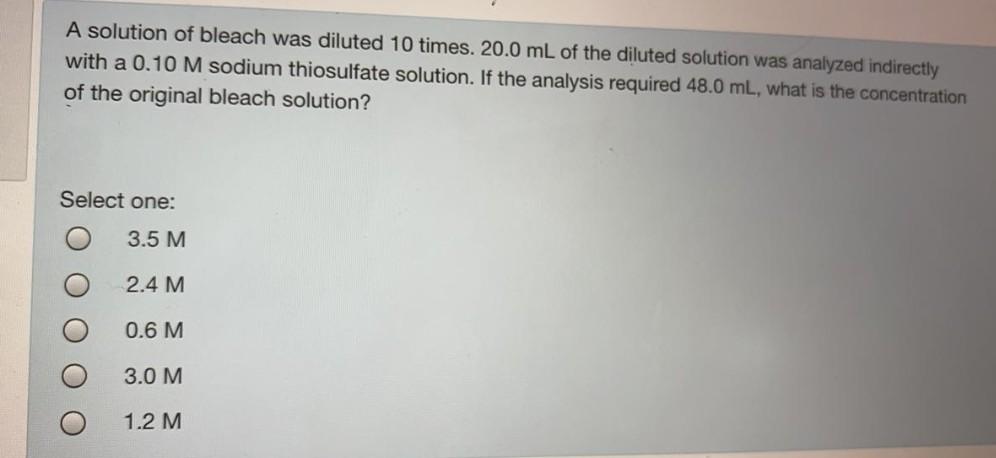 Solved A solution of bleach was diluted 10 times. 20.0 mL of | Chegg.com