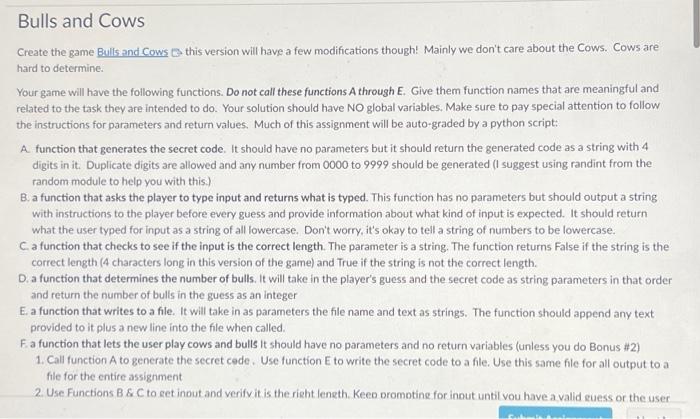 Solved Create the game Bulls and Cows Q this version will | Chegg.com