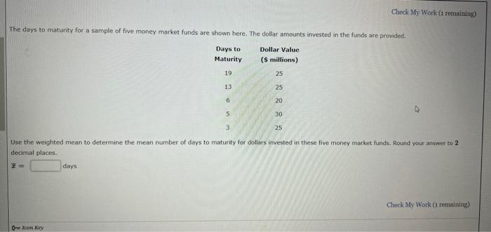 Solved The days to maturity for a sample of five money | Chegg.com