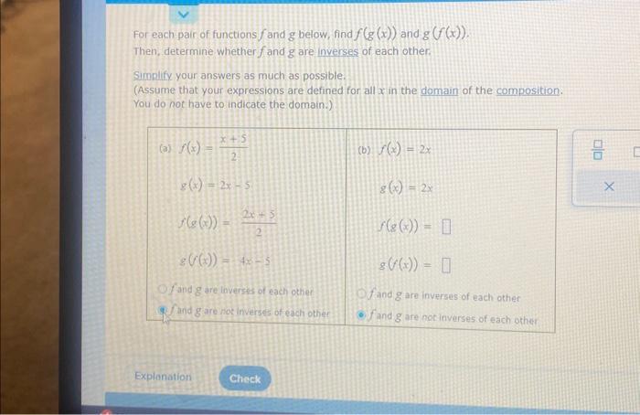 Solved 1 66°F For each pair of functions fand g below, find | Chegg.com