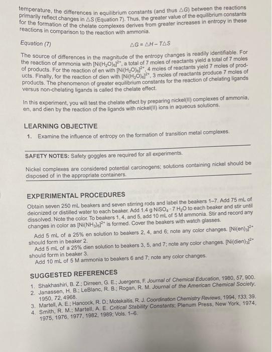 Solved eot EXPERIMENT QUESTIONS Entropy: The Chelate Effect | Chegg.com