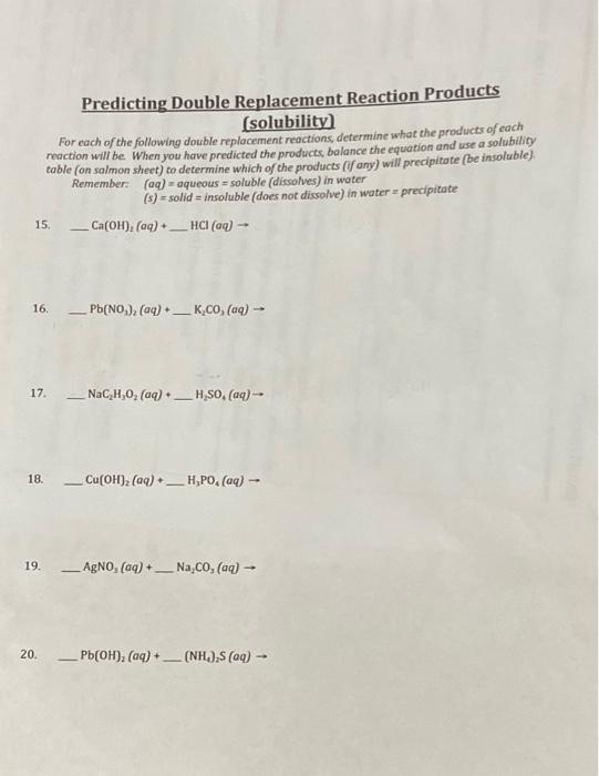 Solved Predicting Double Replacement Reaction Products | Chegg.com